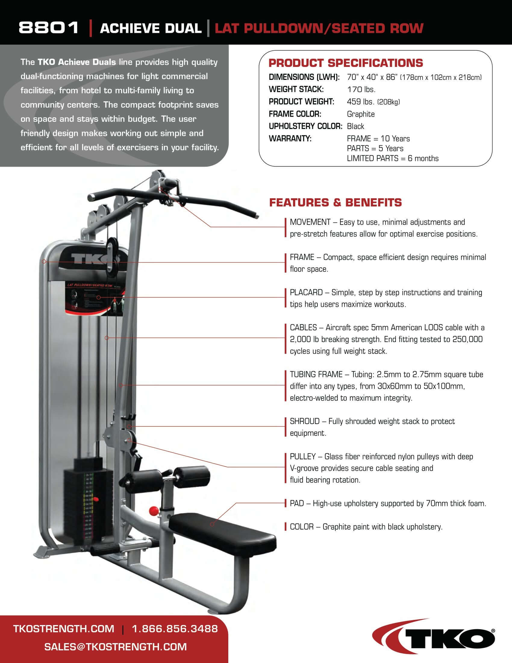 TKO Achieve Dual Lat Pulldown / Mid-Row Machine 170 lb Weight Stack