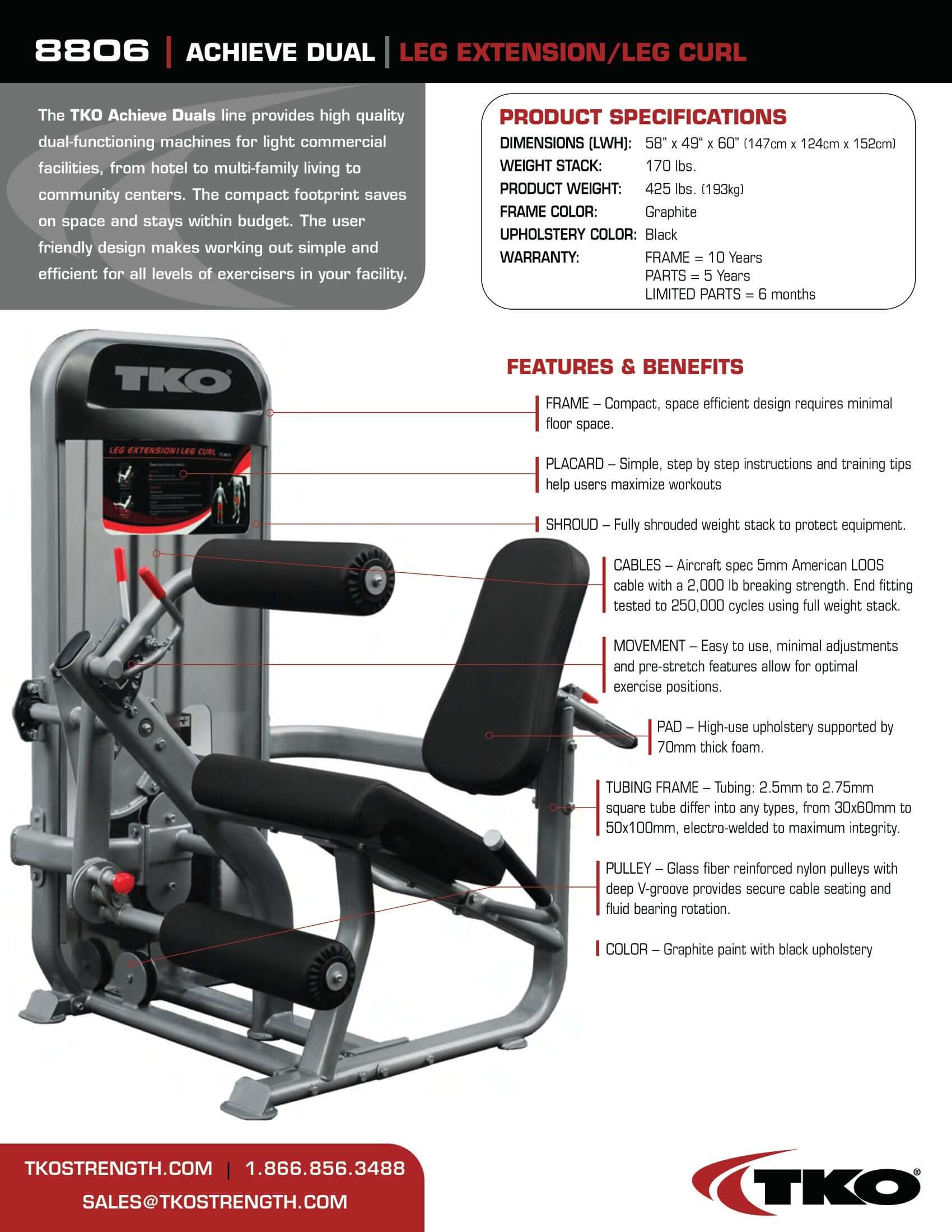 TKO Achieve Dual Leg Extension / Leg Curl Machine 170 lb Weight Stack